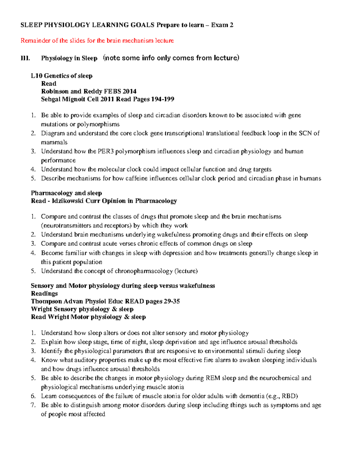 Sleep Physiology Learning goals SP25 - Exam 2 - SLEEP PHYSIOLOGY ...