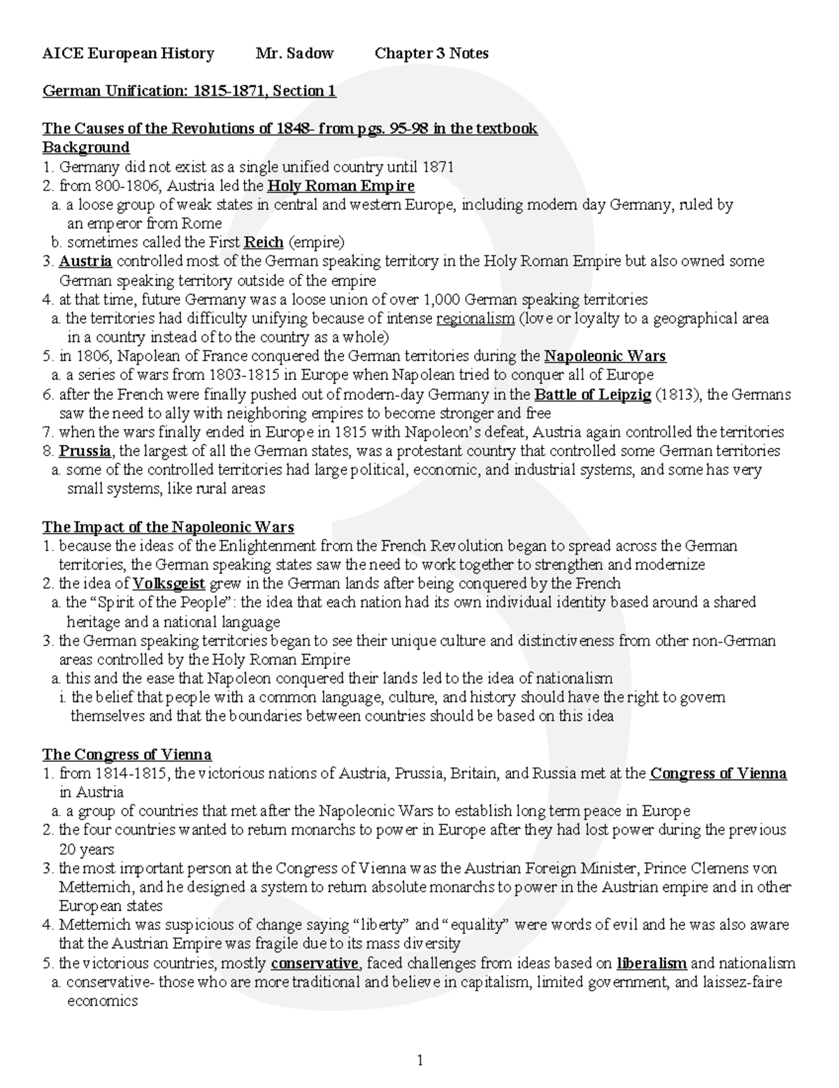 German Unification: 1815-1871 - Key Events and Influences - AICE ...