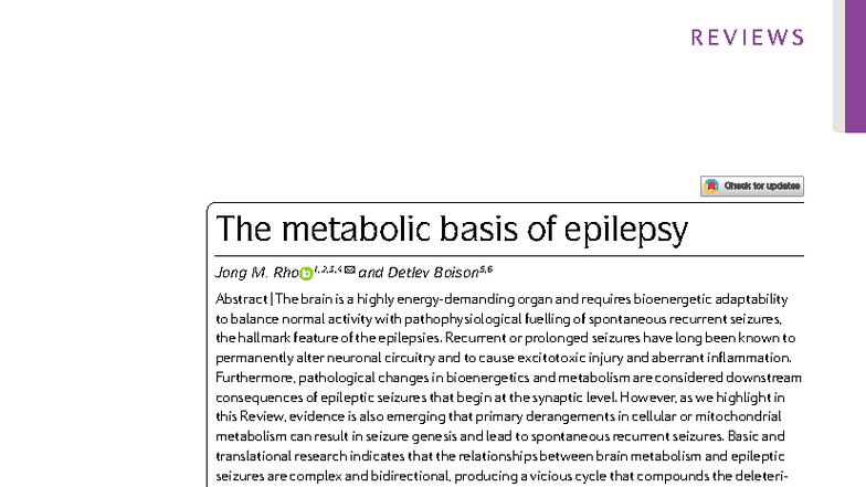 Metabolic Basis of Epilepsy: Insights from Rho & Boison (2022) - Studocu