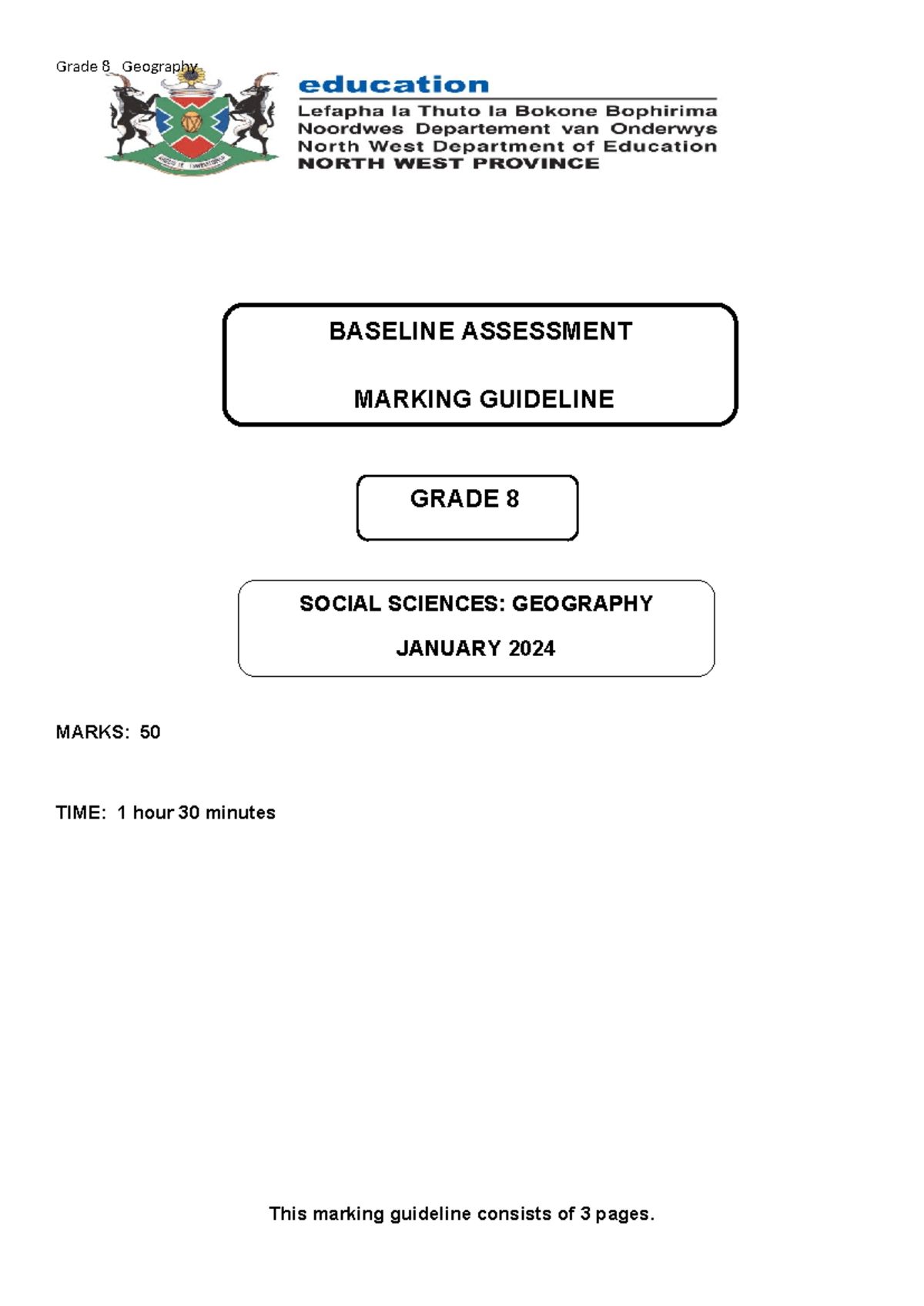 GEO GR 8 Baseline Assessment Marking Guideline - Jan 2024 - Studocu