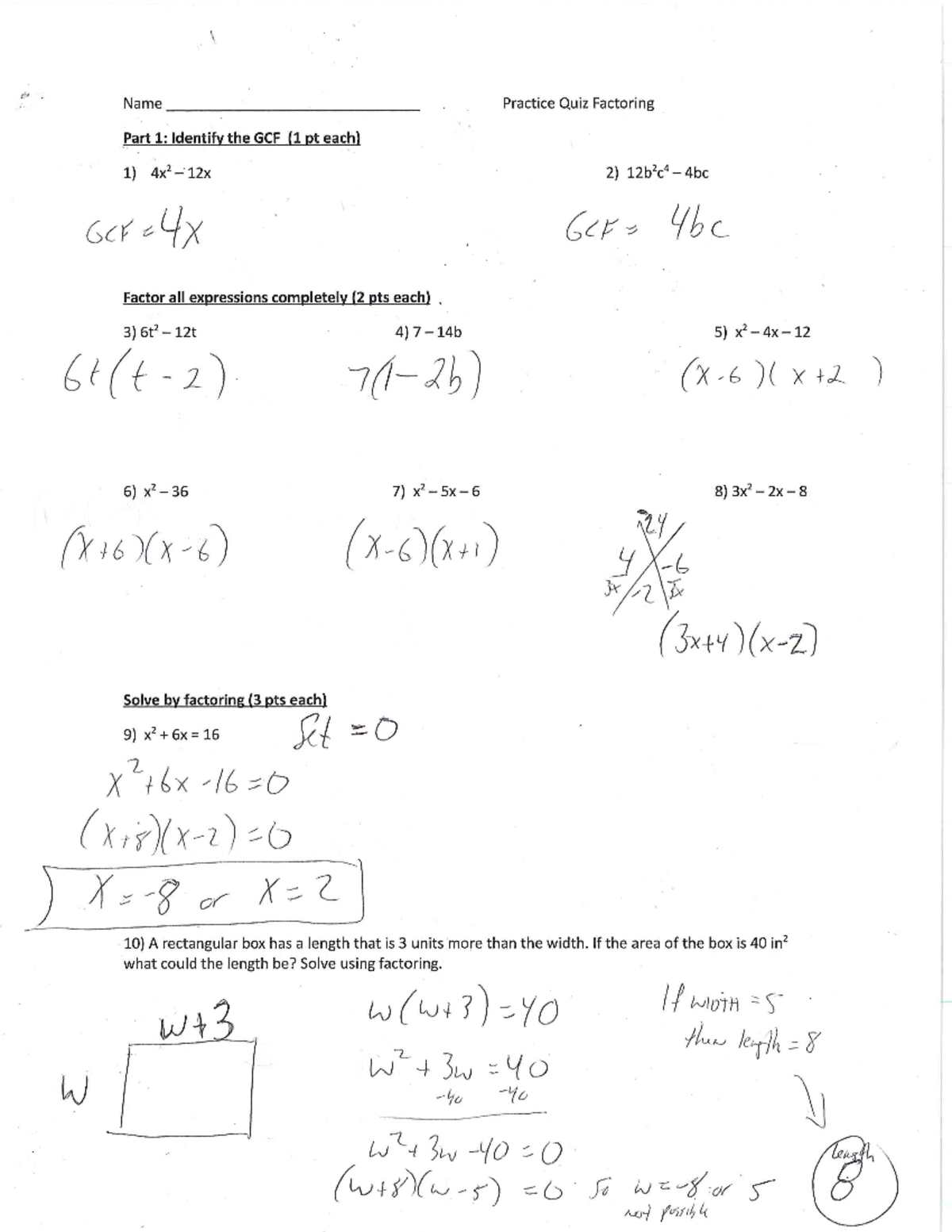 Alg 2 factori practice quiz key - Name Part 1: Identify the GCF (1 pt ...