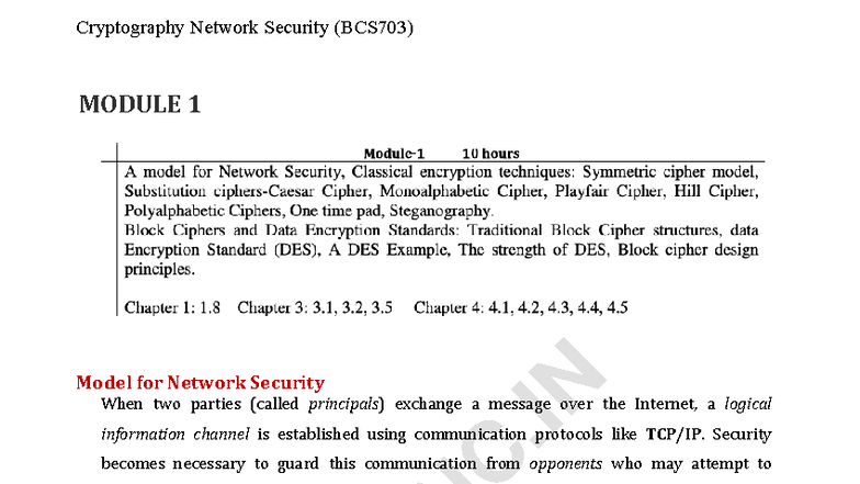 Cryptography Network Security Overview (BCS703) - Module 1 - Studocu