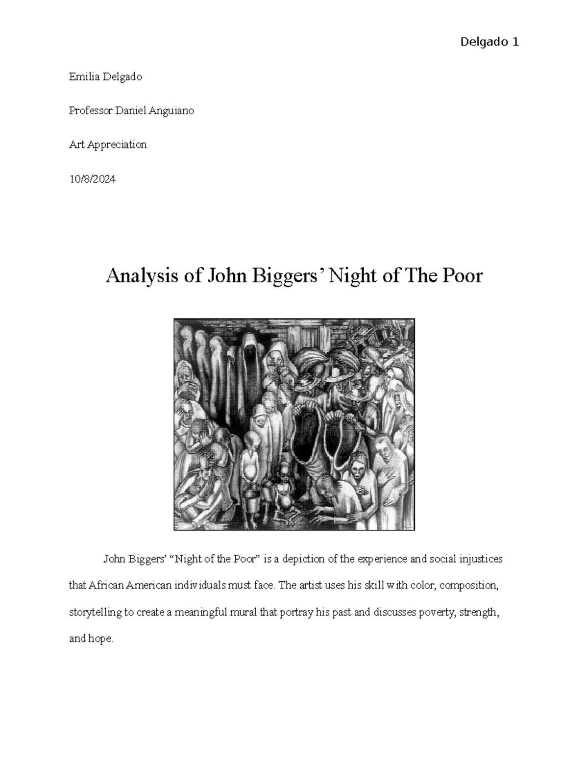 Analysis of John Biggers' Night of The Poor (ART 101) - Studocu