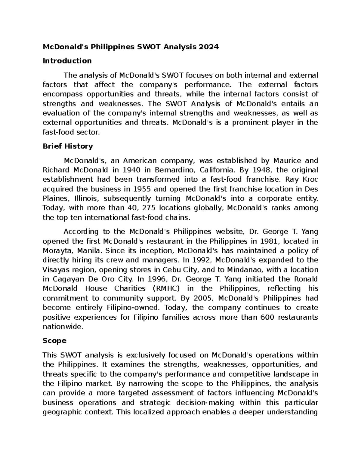 SWOT Analysis of McDonald's in the Philippines (2024) - Studocu