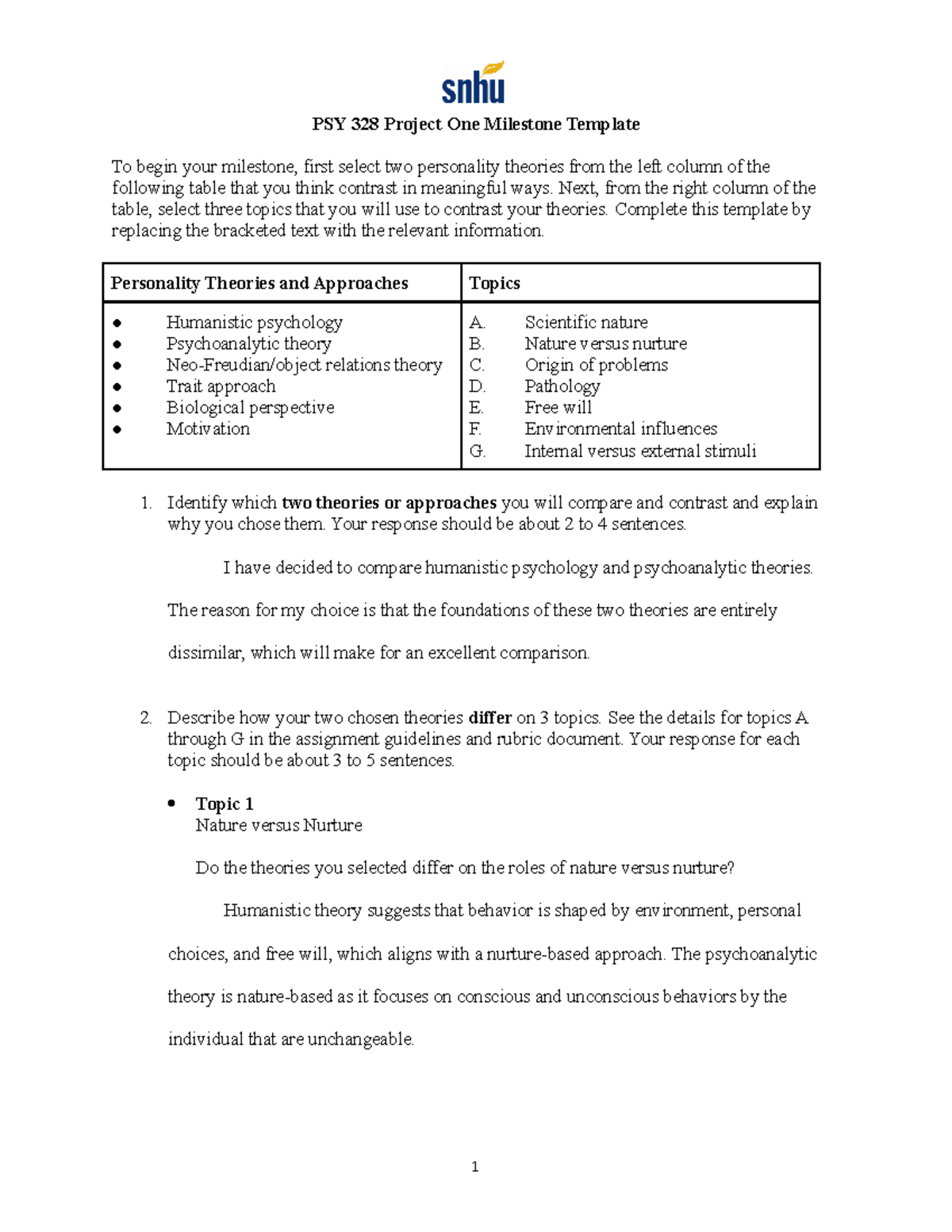 PSY 328 Project One Milestone Template for Personality Theories - Studocu