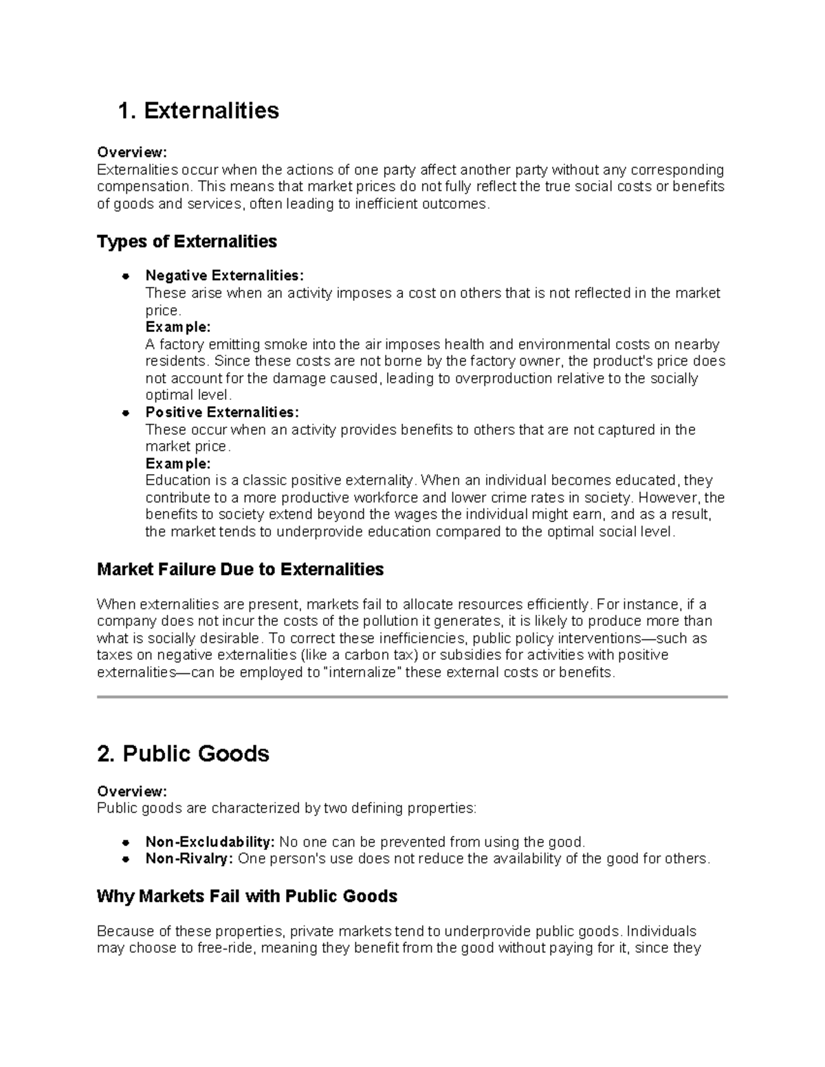 Market failures (externalities, public goods, asymmetric information ...