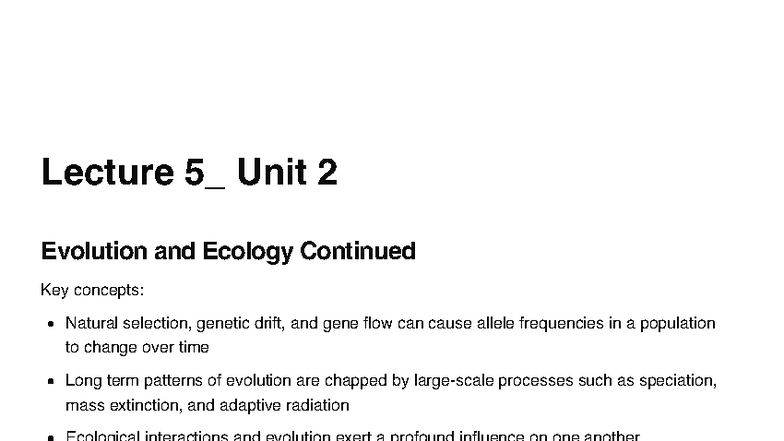 Lecture 5 Unit 2: Evolution and Ecology - Key Concepts Explained - Studocu