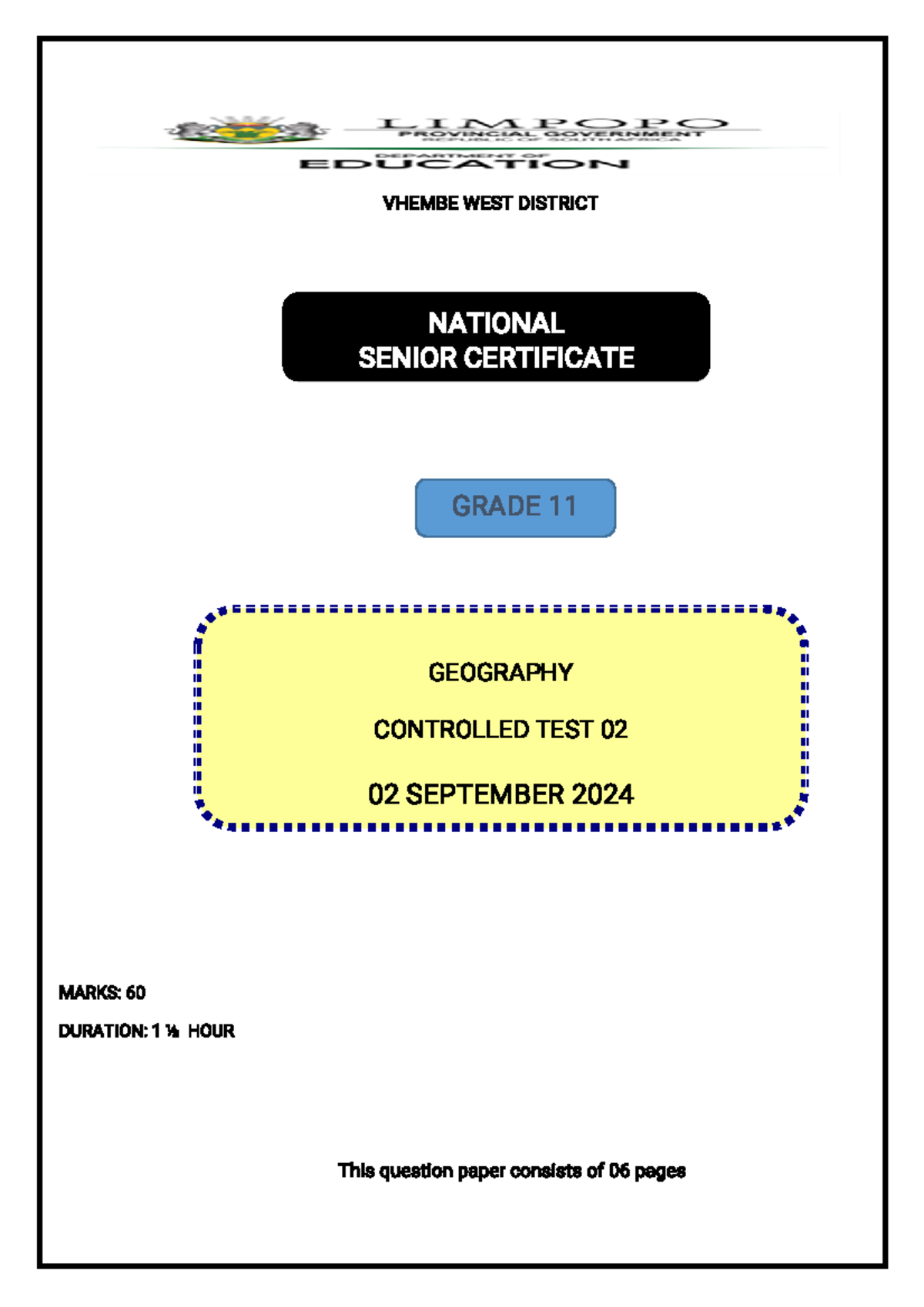 GEOG 11 T3 2024 - Grade 11 Geography Controlled Test 02 - Studocu