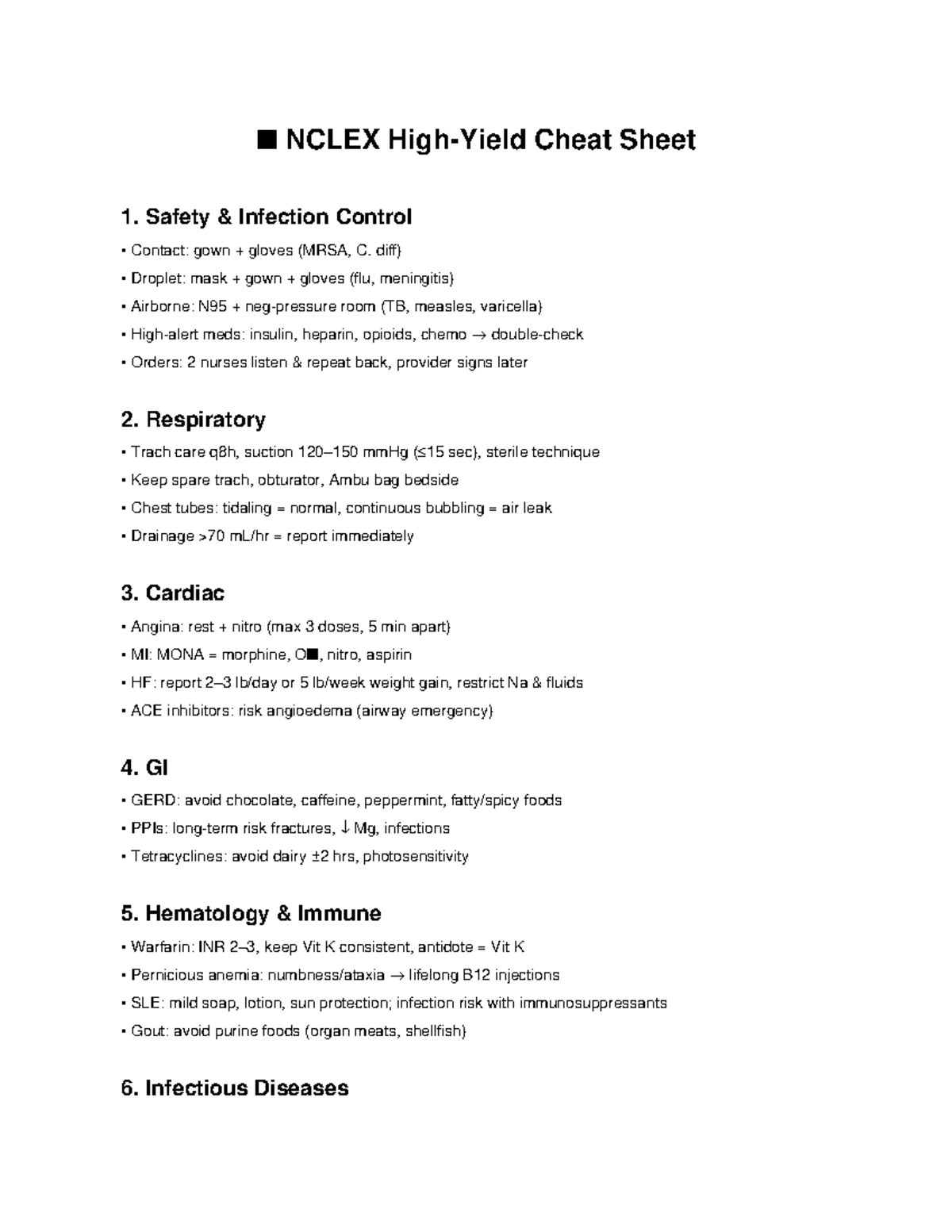 NCLEX High Yield Cheat Sheet: Safety, Cardiac, GI & More - Studocu