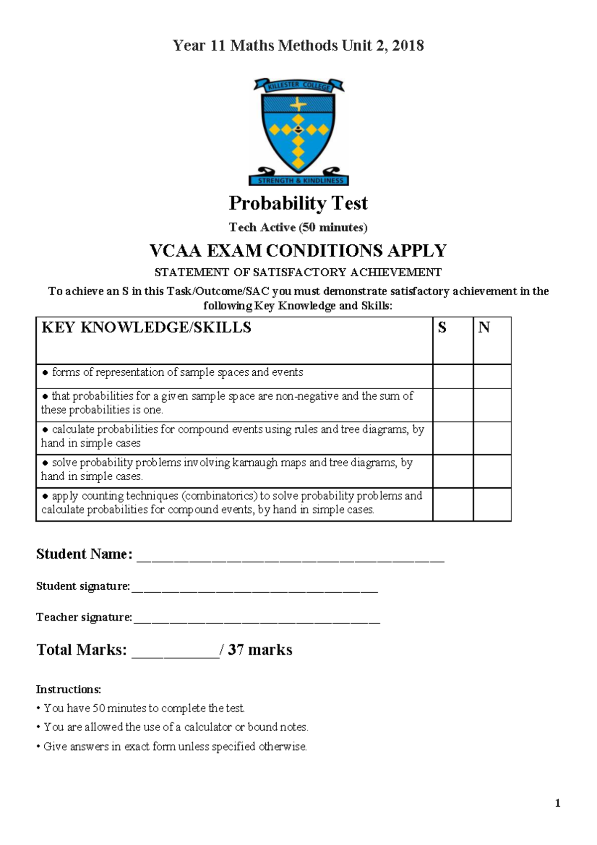 Year 11 Maths Methods Unit 2 Probability Test (2018) - VCAA Exam ...