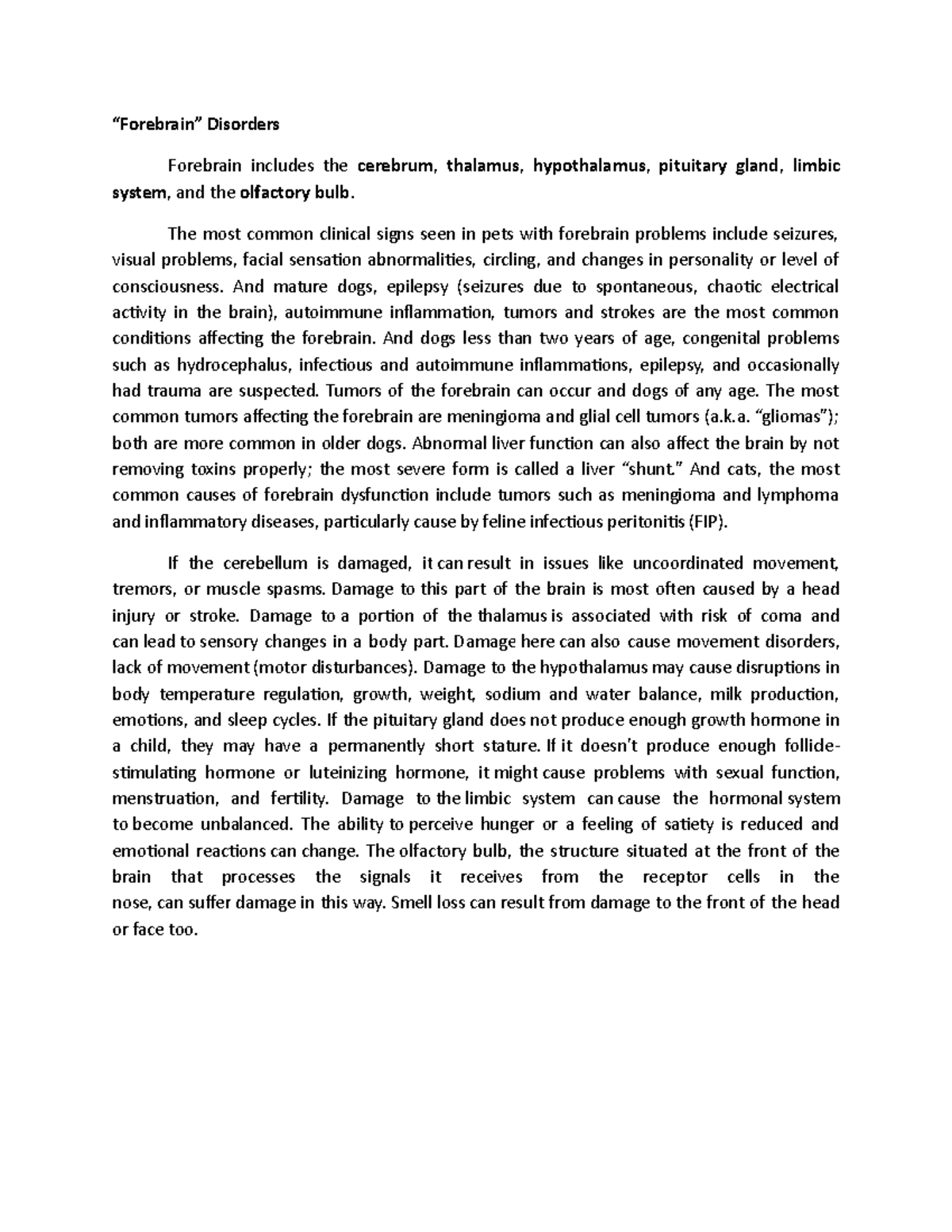 Forebrain Disorders Bio Psych - “Forebrain” Disorders Forebrain ...