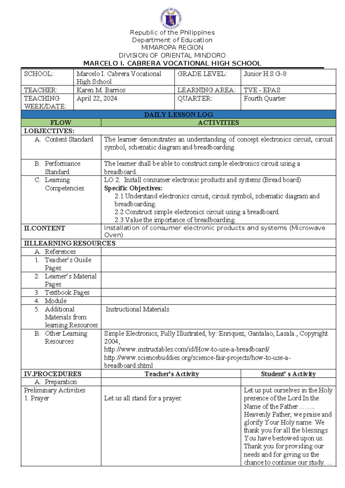 Grade 8 Lesson Plan: Understanding Electronics Circuits and ...