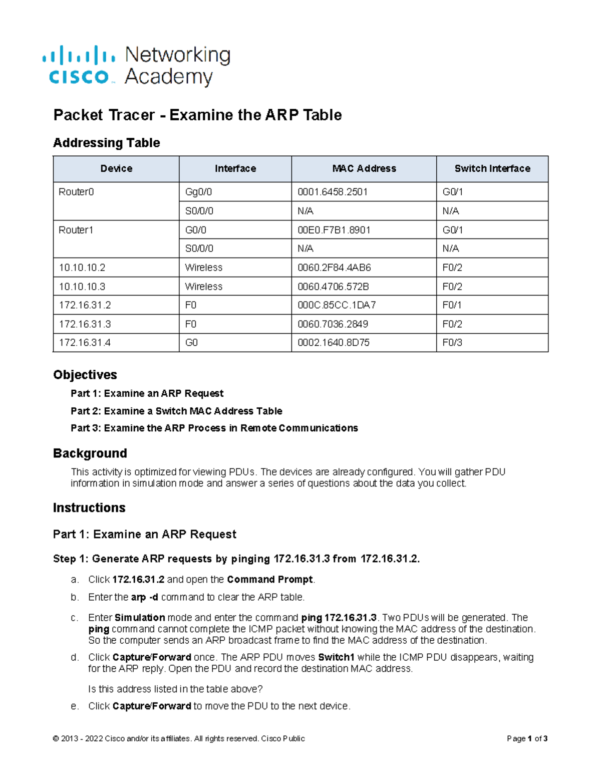 Packet Tracer - ARP Table Examination Activity Guide - Studocu