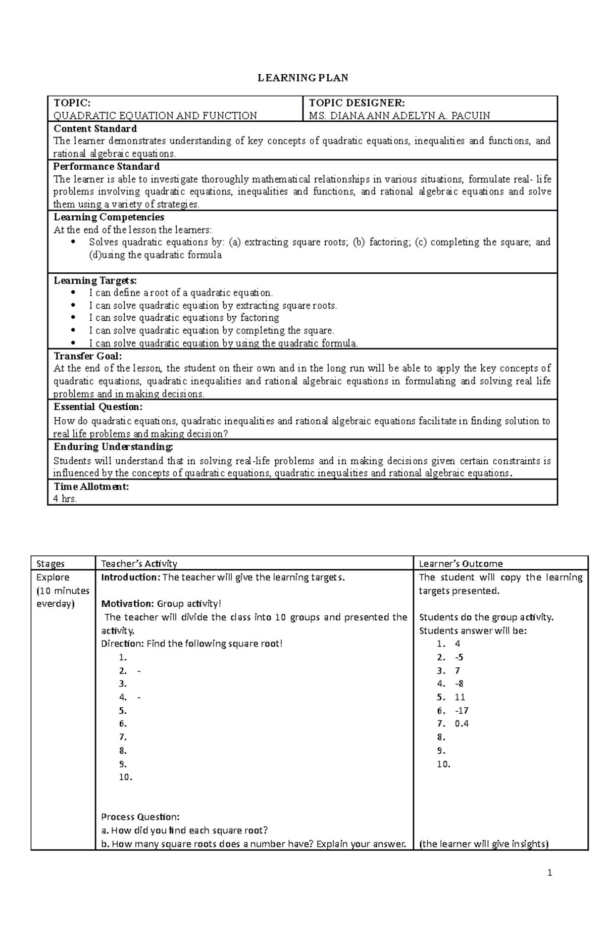 1 - Semi Detailed Lesson Plan (EFDT) - LEARNING PLAN TOPIC: QUADRATIC ...