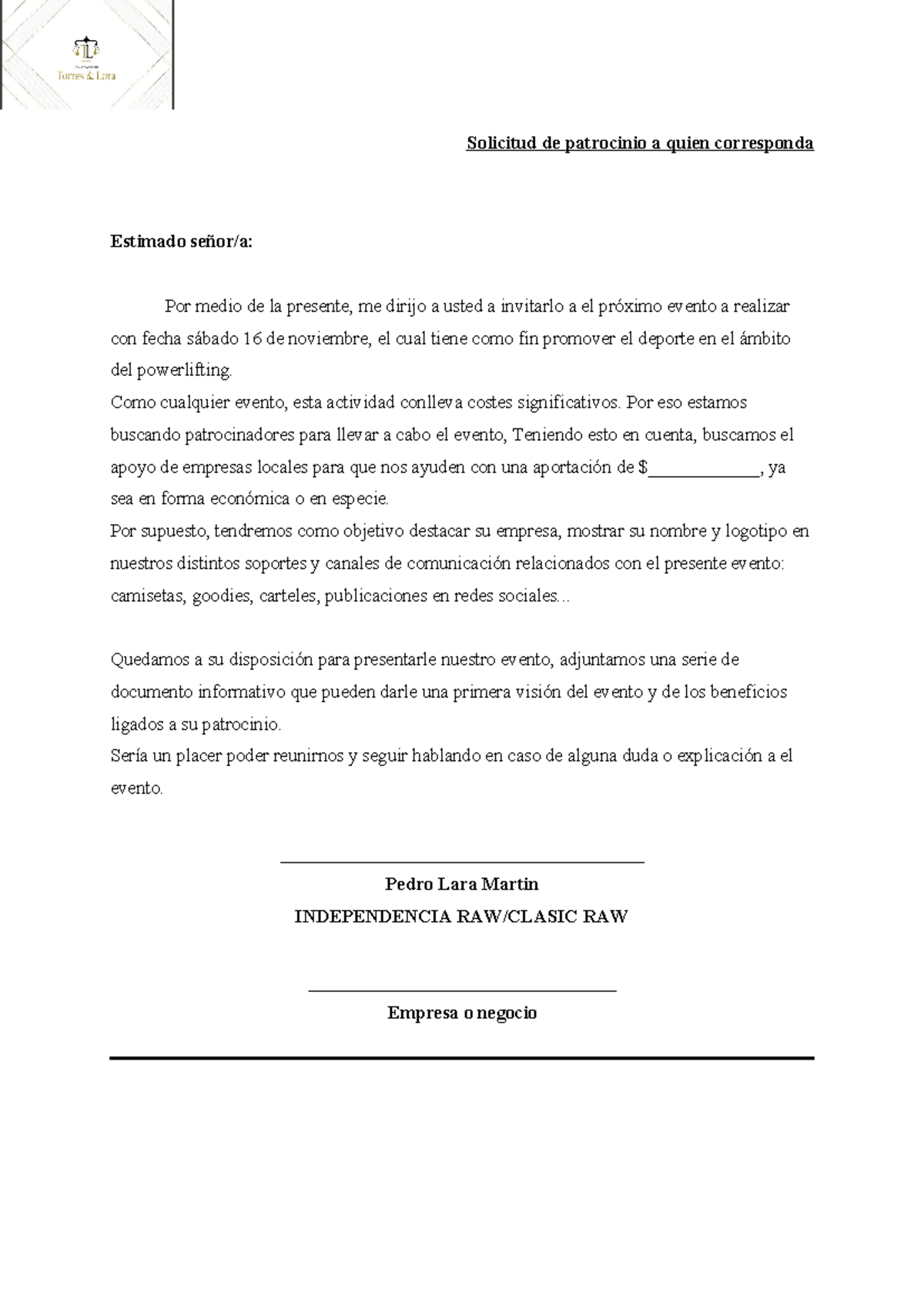 Modelo de carta de solicitud de patrocinio para evento deportivo - Studocu