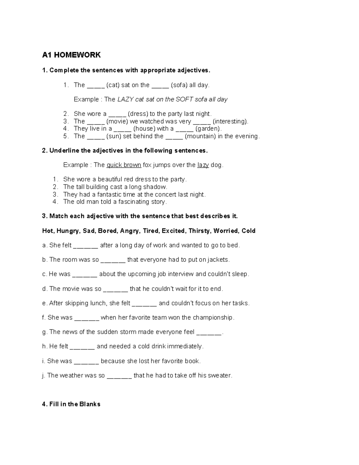 A1 Homework 1: Adjective Exercises and Sentence Completion - Studocu