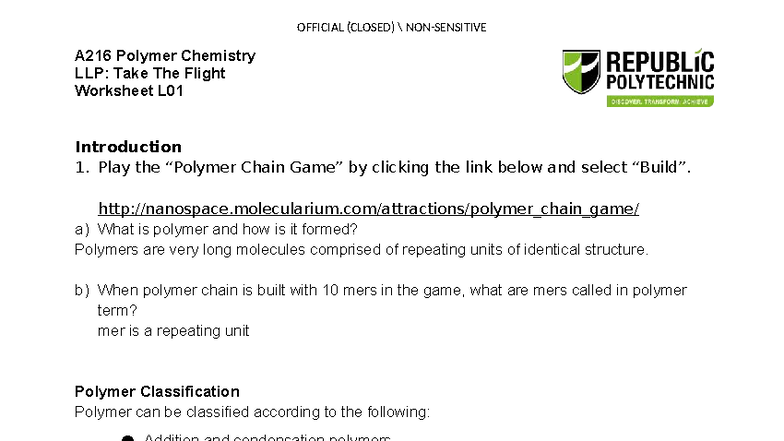 AY2022 Sem 1 A216 L01 Polymer Chemistry Worksheet: Understanding ...