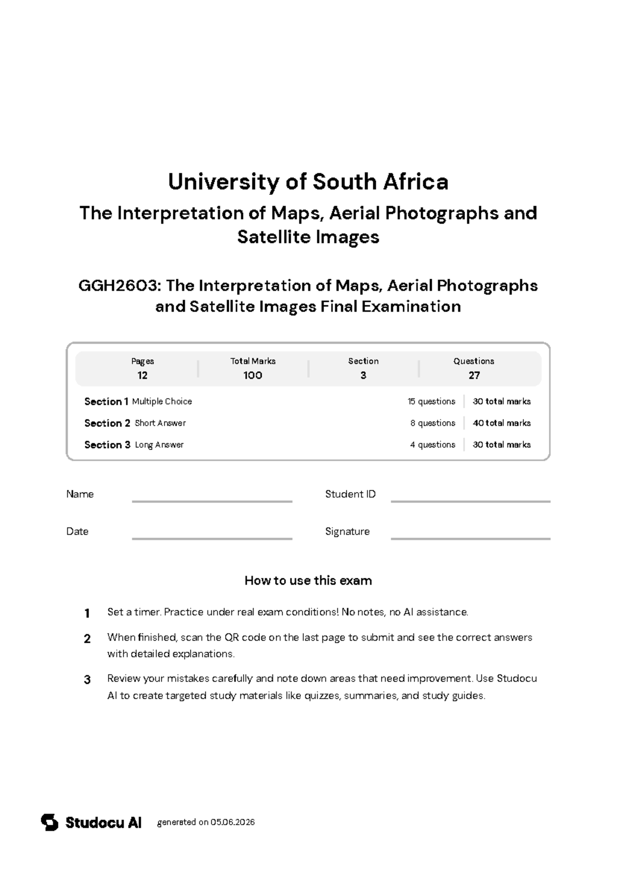 GGH2603 Final Exam: Map Interpretation and Aerial Photography - Studocu