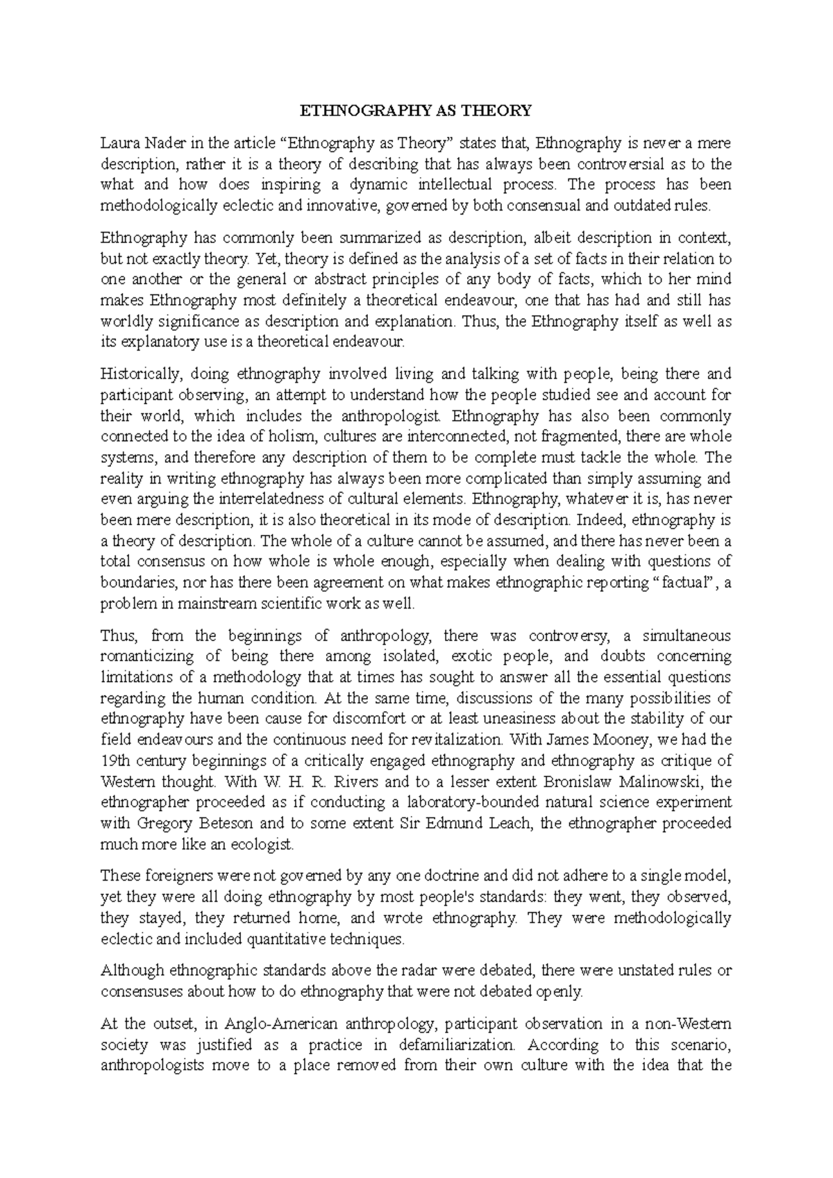 ETHNOGRAPHY AS THEORY: Insights from Laura Nader's Perspective - Studocu