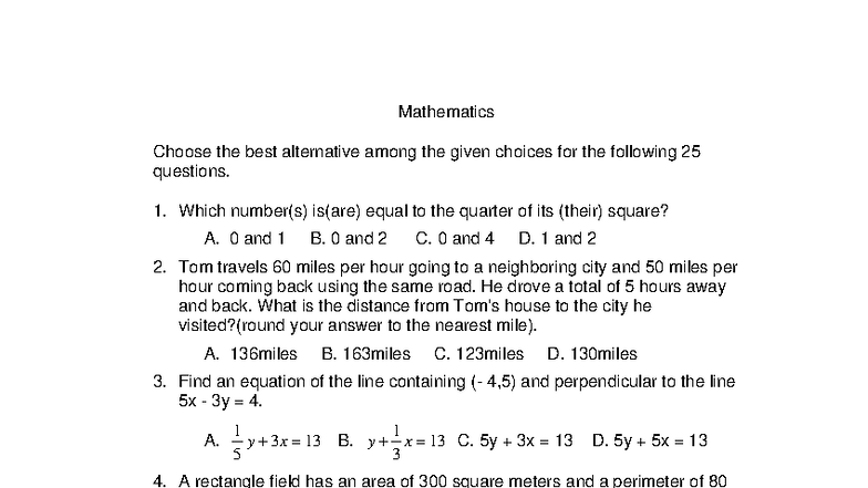 Mathematics Sample Exam 5 - Multiple Choice Questions - Studocu