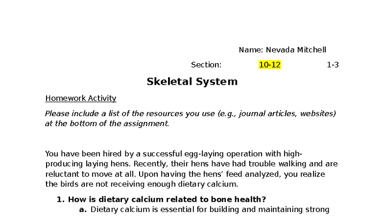 Skeletal System Homework Activity - NM - Calcium & Hens' Health - Studocu