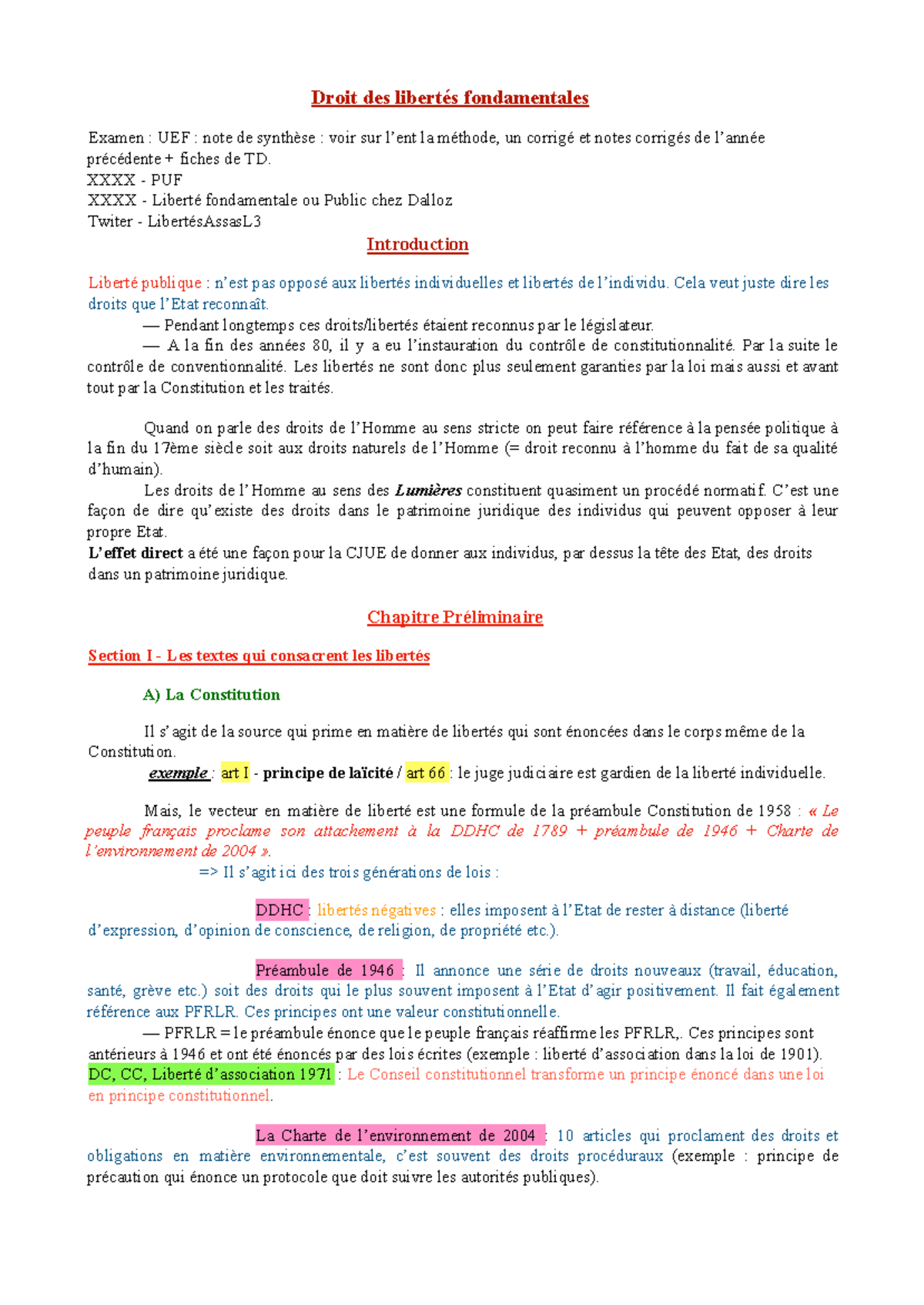 Liberté fonda - Cours de L3 - Droit des libertés fondamentales Examen ...