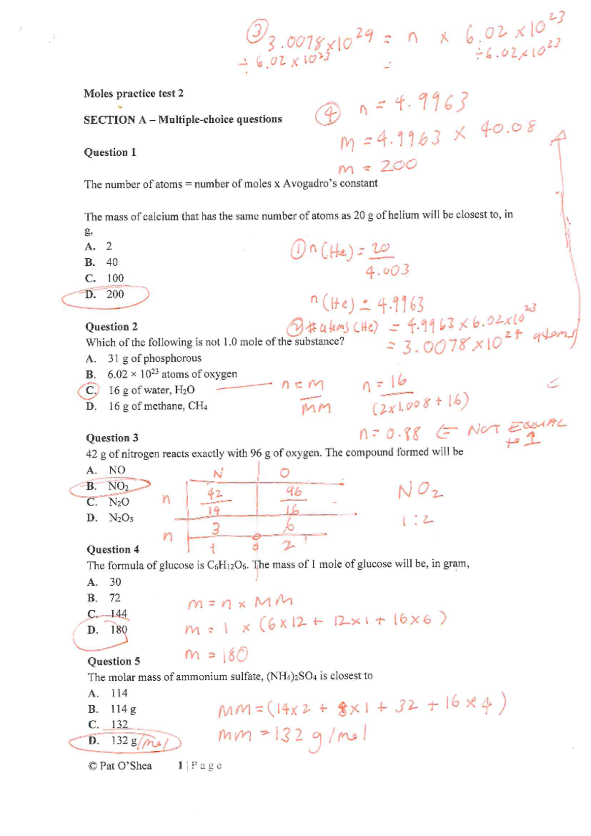 Moles Practice Test 2: Worked Solutions for 3.0078x10^29 n & 6.02x10^23 ...