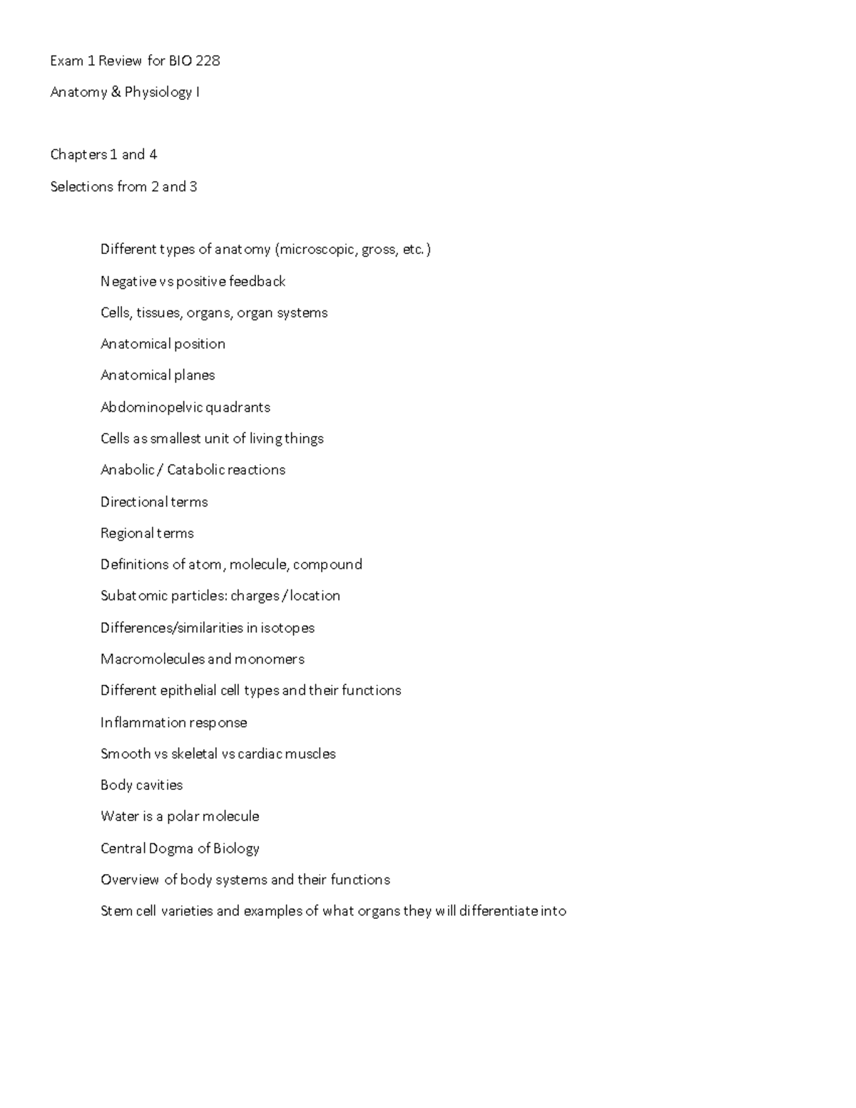 Exam 1 Review for BIO 228: Anatomy & Physiology I (Ch. 1-4) - Studocu