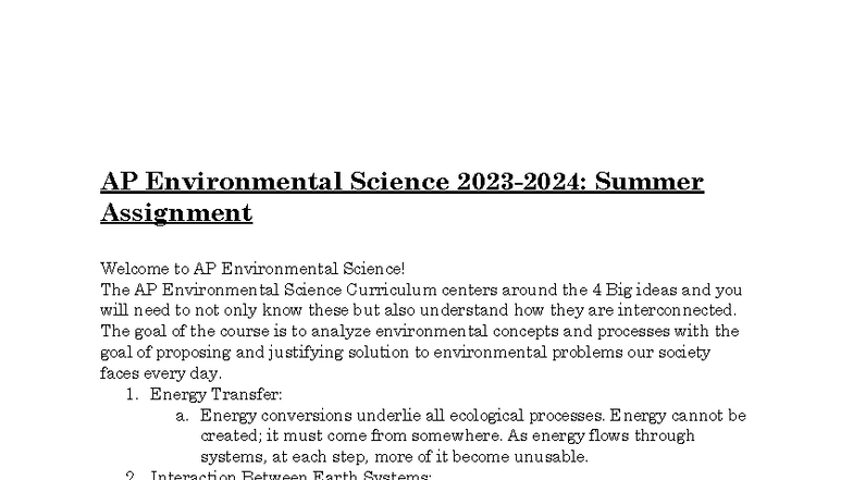 AP Environmental Science (APES) Summer Assignment Overview - Studocu