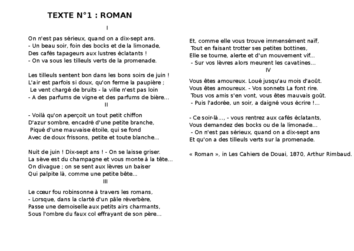 Analyse linéaire du texte 1 de Rimbaud - Roman et Adolescence - Studocu