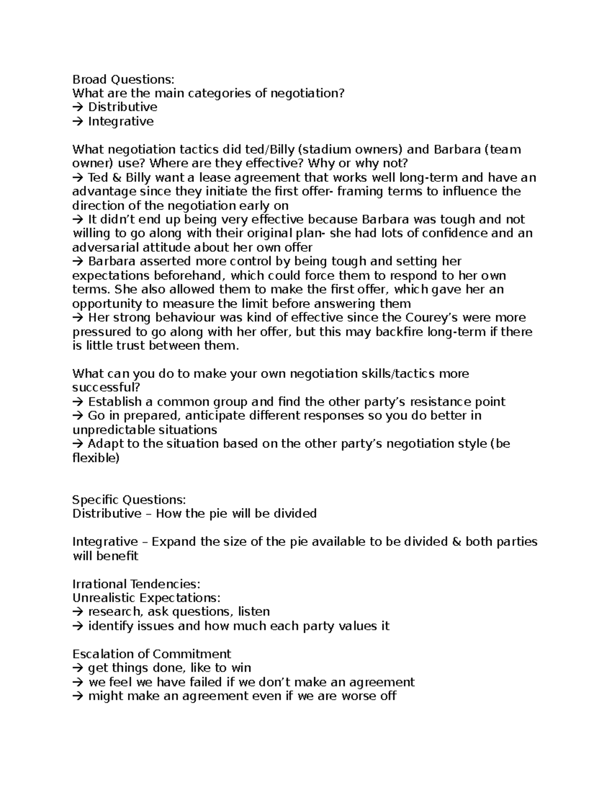 Negotiation Questions - Broad Questions: What are the main categories ...