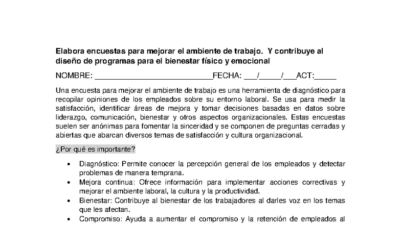 Encuesta para Mejorar el Ambiente Laboral y Bienestar Emocional - Studocu