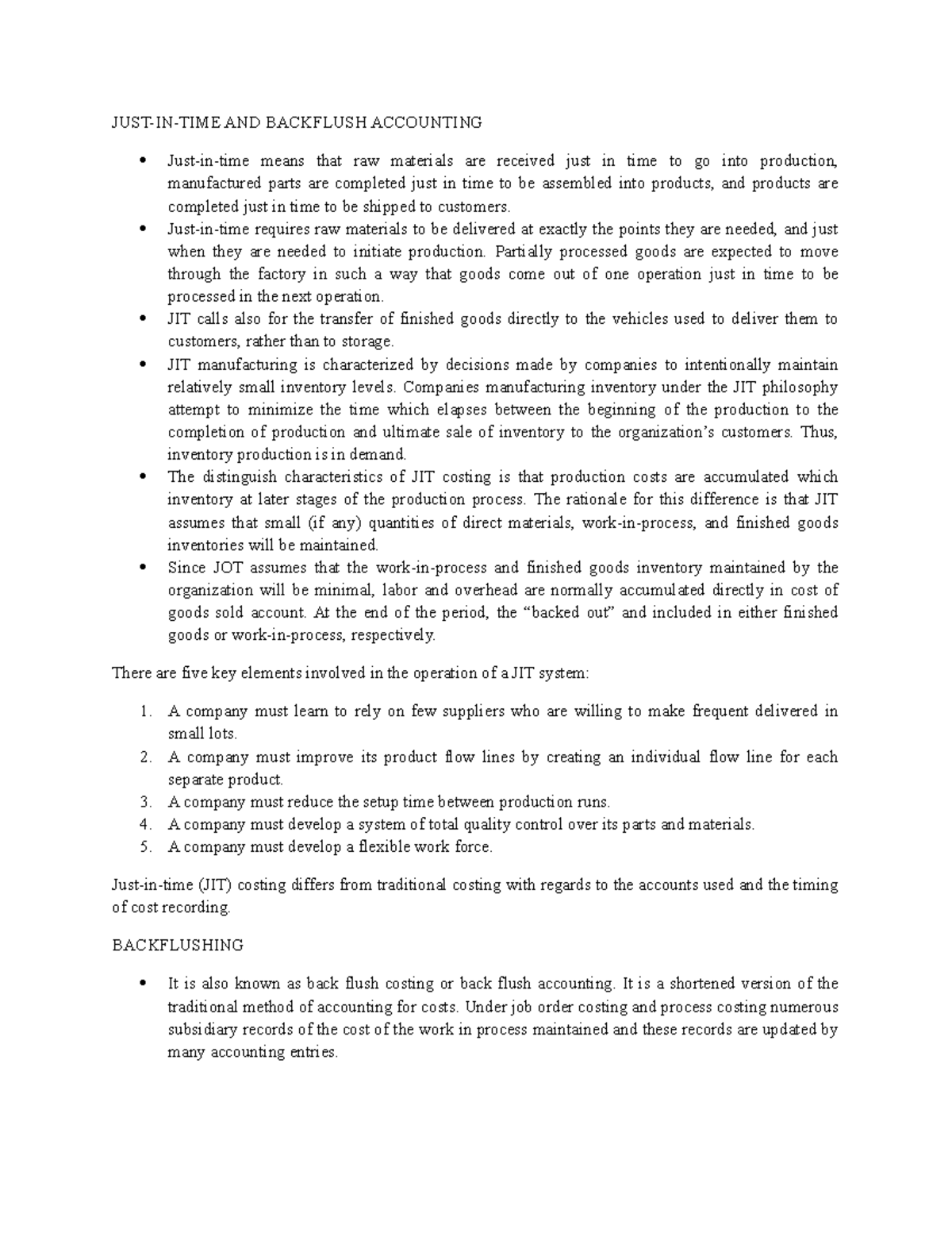 JIT and Backflush Costing: Concepts and Key Elements Explained - Studocu