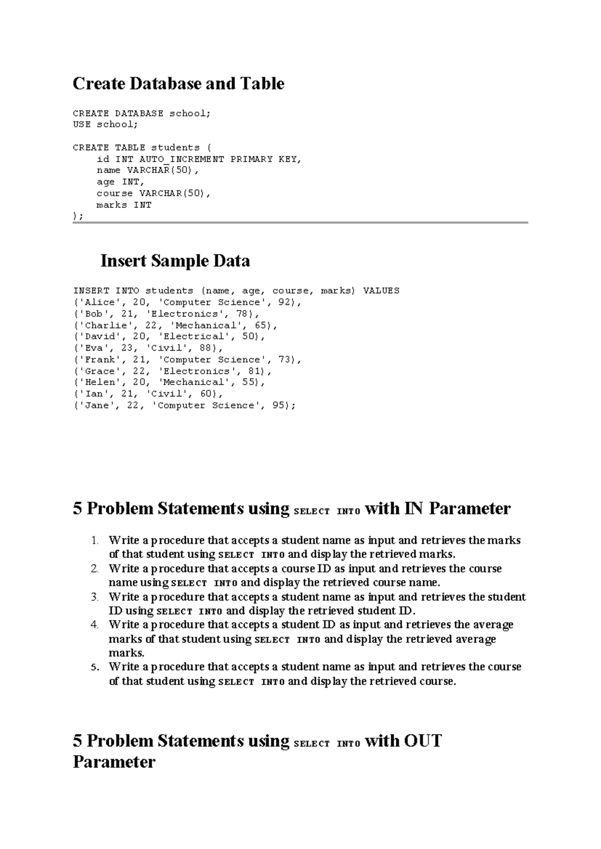 MySQL Assignment 2: Creating Database & Procedures - Studocu