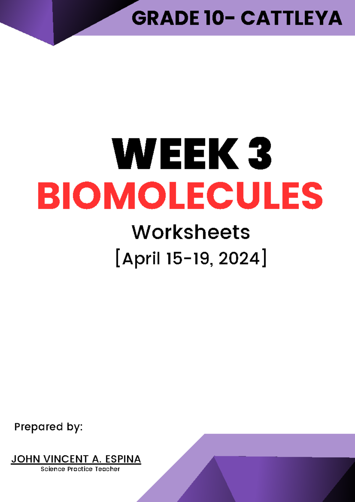 Biomolecules Science 10 Worksheet Week 3 - Activities & Assessments ...