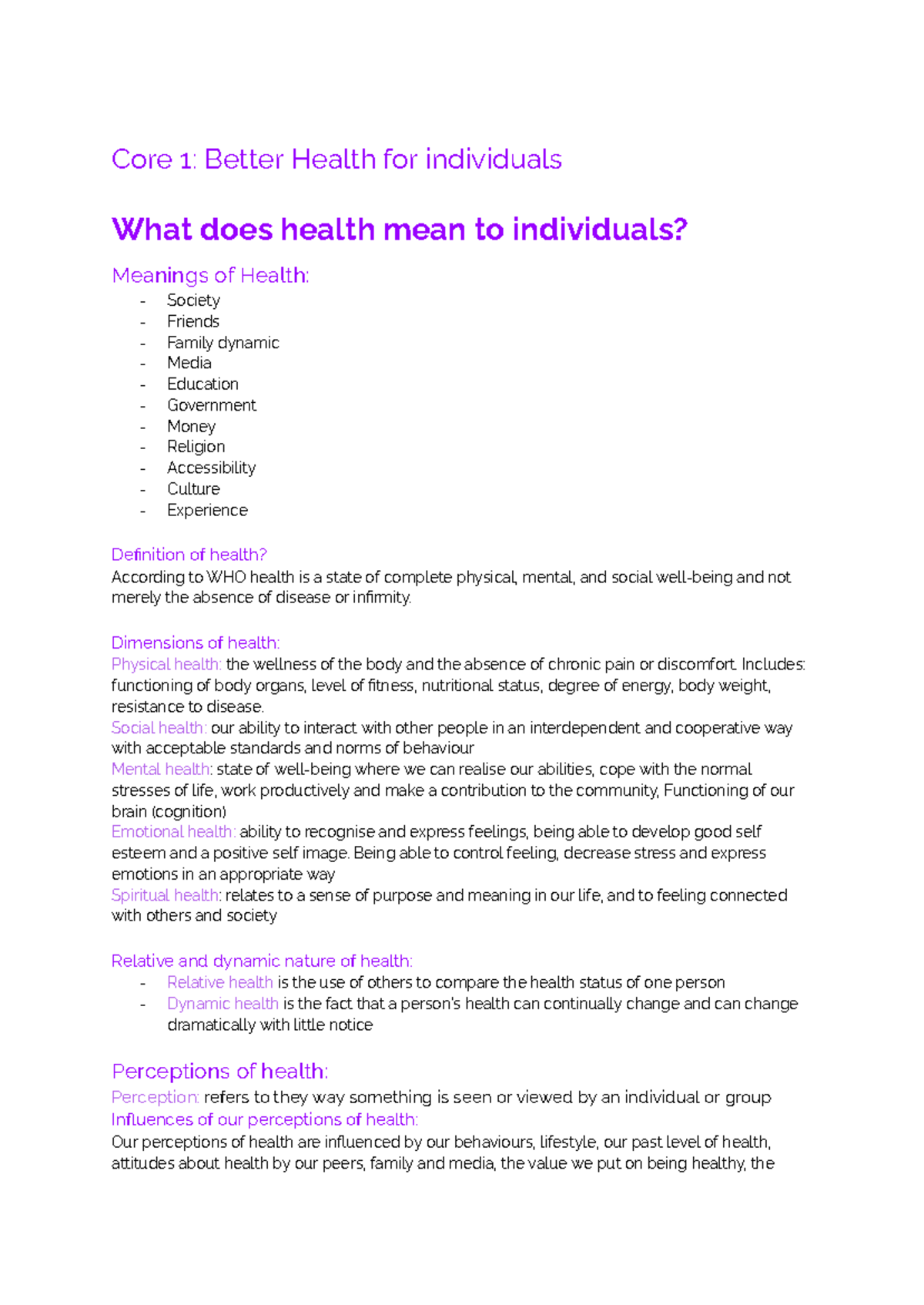 Preliminary Pdhpe Notes - Core 1: Better Health for individuals What ...
