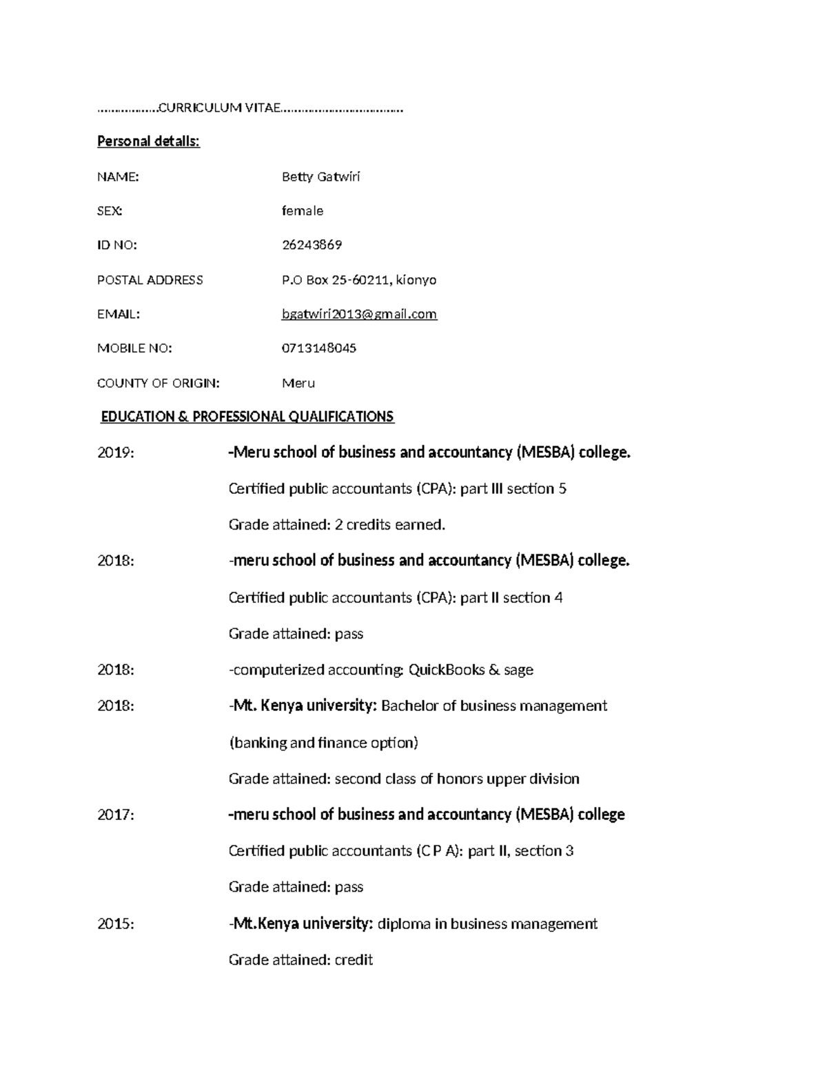 Curriculum Vitae: Betty Gatwiri - Professional Profile & Qualifications ...
