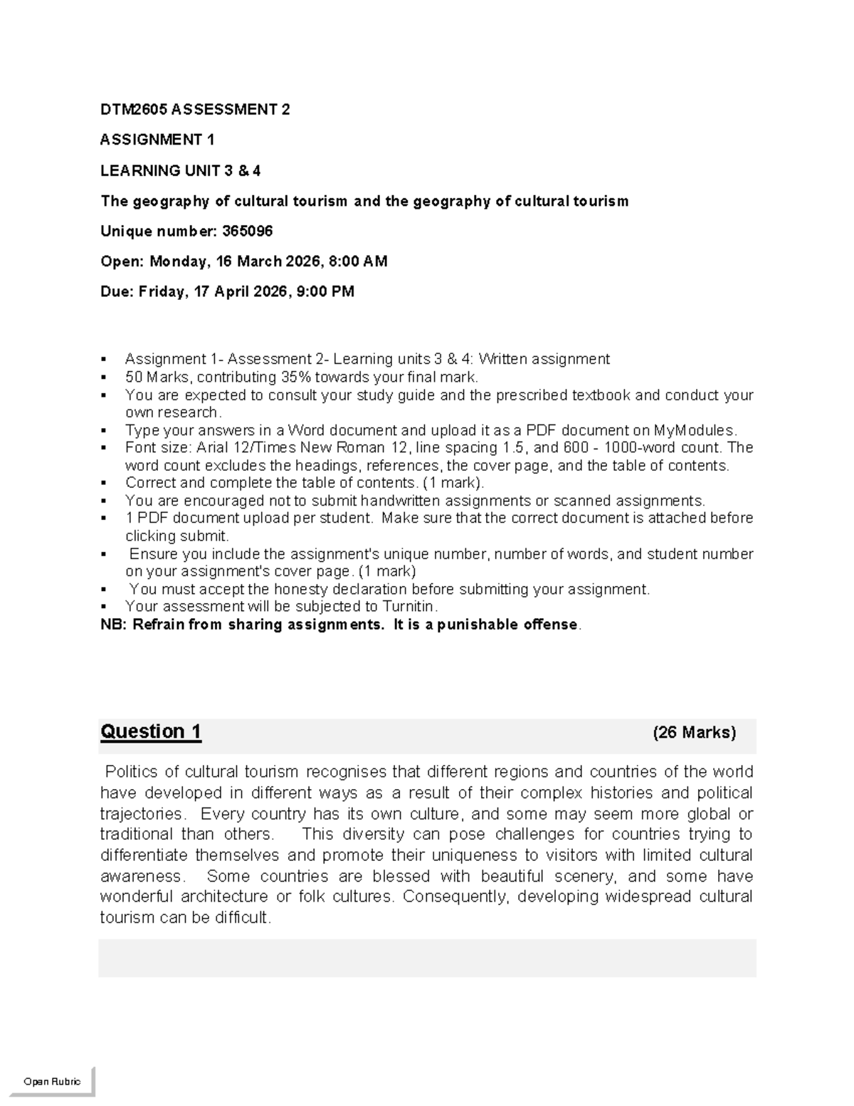 DTM2605 Assessment 2: Cultural Tourism Impact Analysis (Units 3 & 4 ...