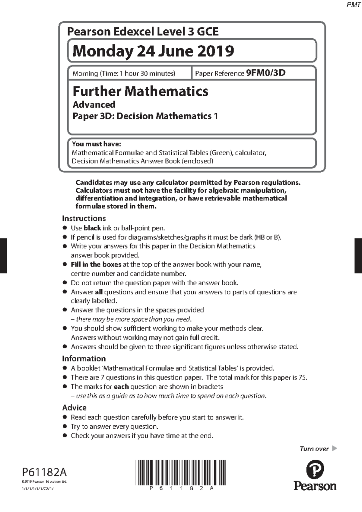 PMT Pearson Edexcel Level 3 GCE Further Mathematics Paper 3D: Decision ...