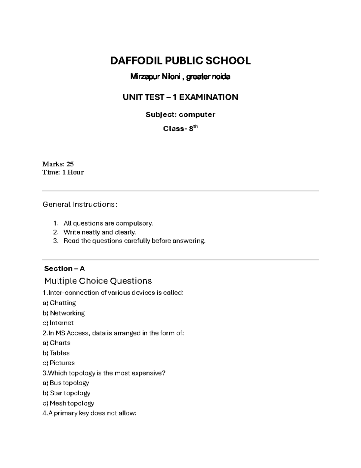 Computer 8th Unit Test 1 Exam - DAFFODIL PUBLIC SCHOOL - Studocu