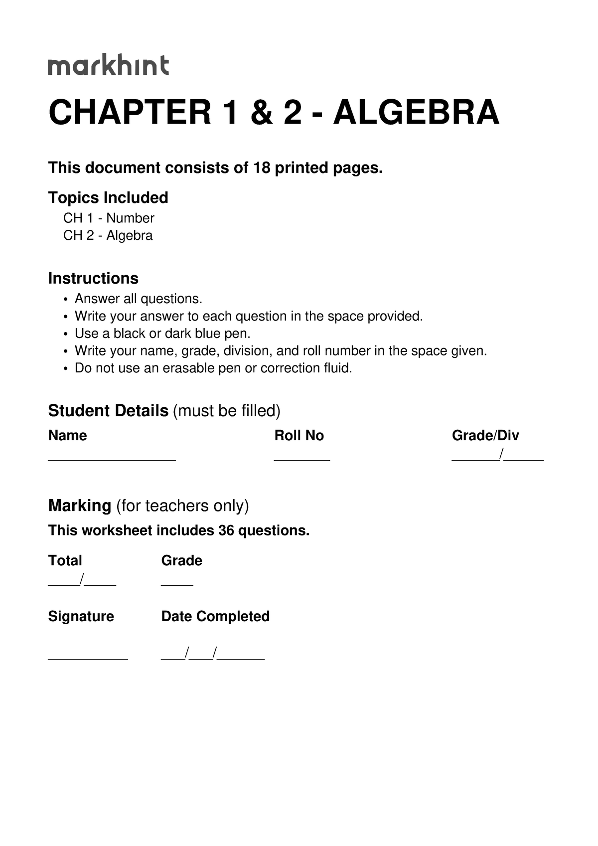 WS Chapter 1-2: Algebra Worksheet [INT MATH] - Studocu
