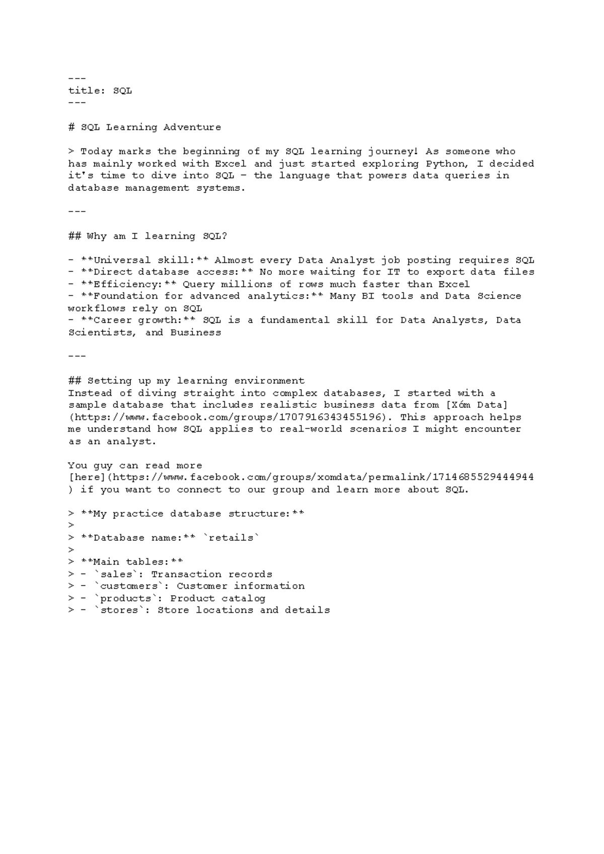 SQL Learning Adventure: My Journey as a SQL Beginner - Studocu