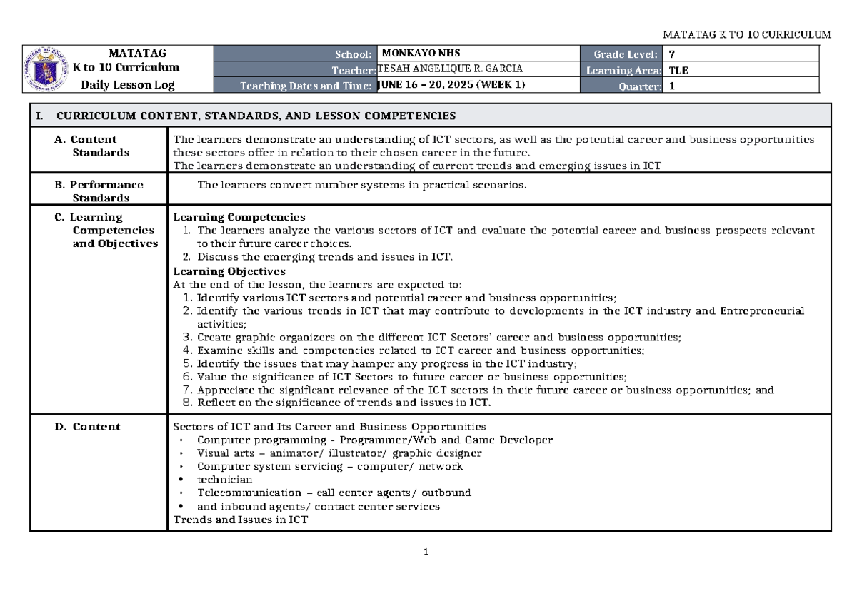 DLL MATATAG TLE 7 Q1 W1: Daily Lesson Log on ICT Sectors & Careers ...