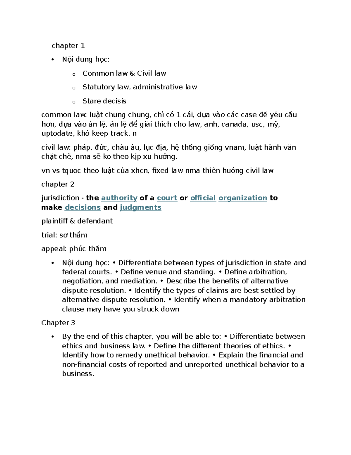 Note blw220 - nhảm nhỉ - chapter 1 Nội dung học: o Common law & Civil ...
