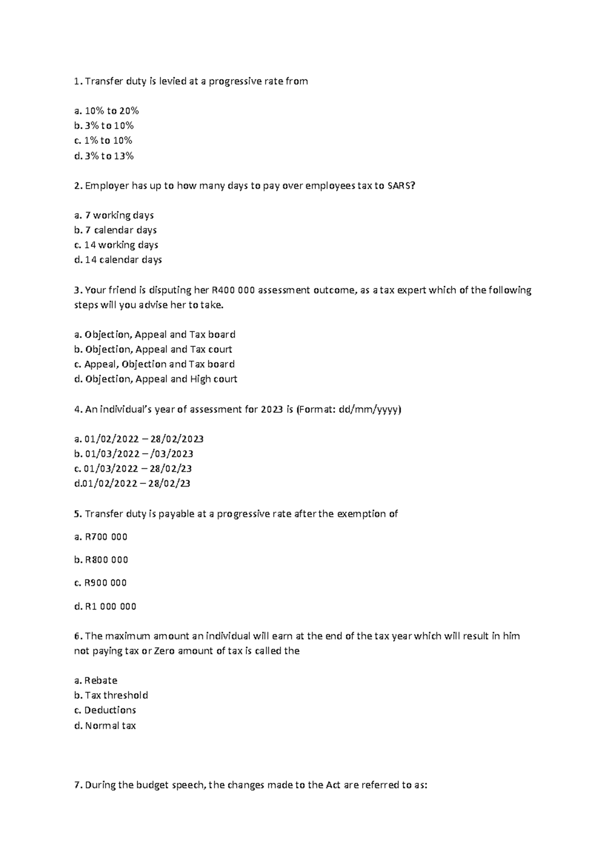 Taxation Class Test 1 2023: Comprehensive Question Paper - Studocu
