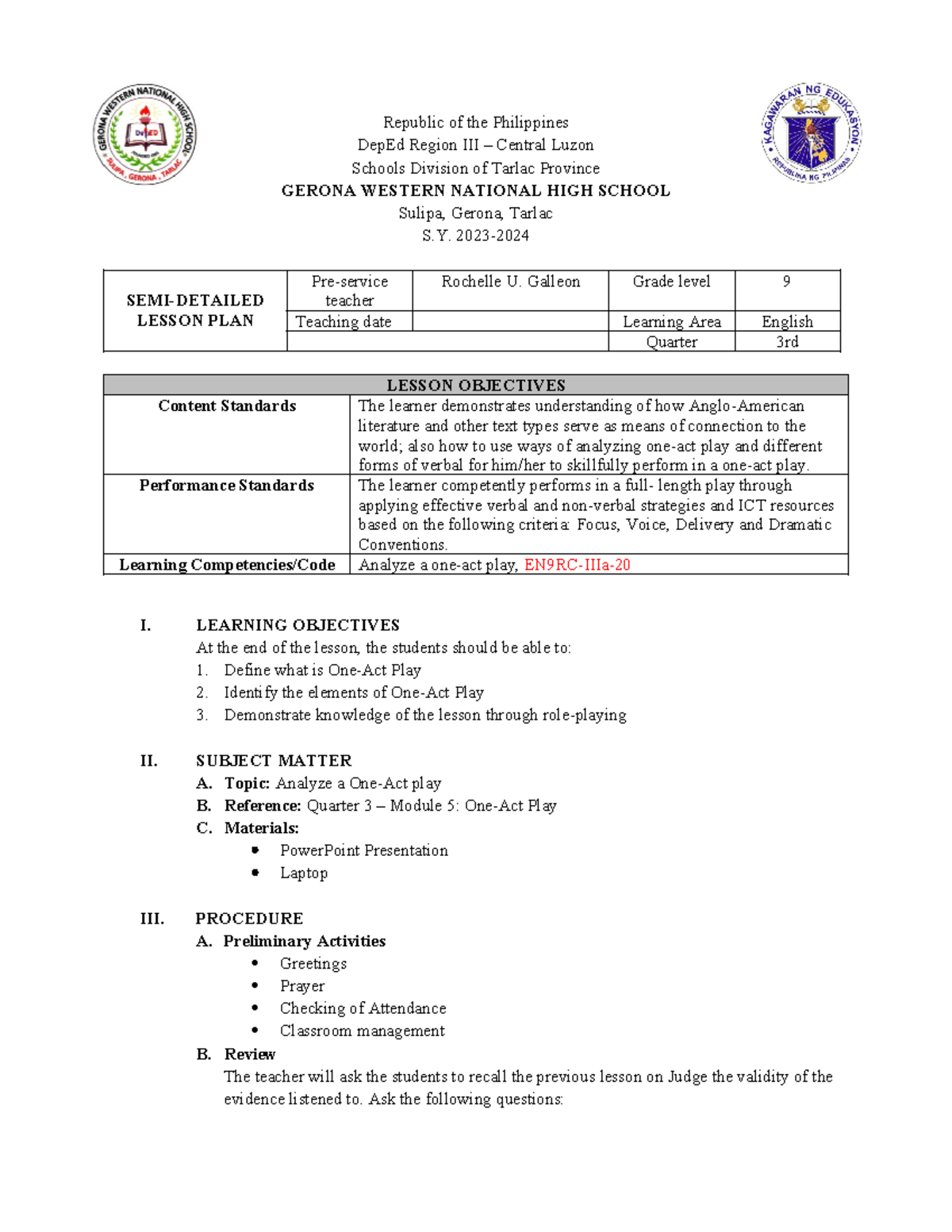 LP: Analyzing One-Act Plays (EN9RC-IIIa-I) - Lesson Plan - Studocu