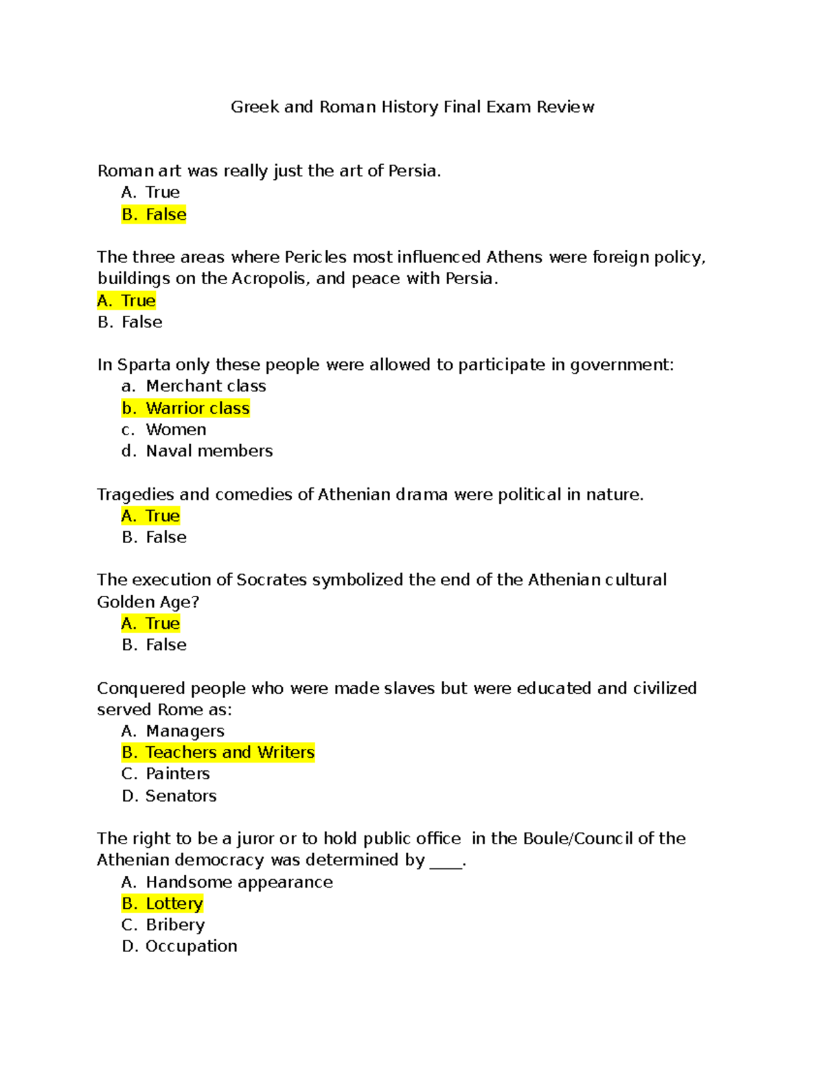 HIST 1421 Final Exam Review - Greek and Roman History Final Exam Review ...