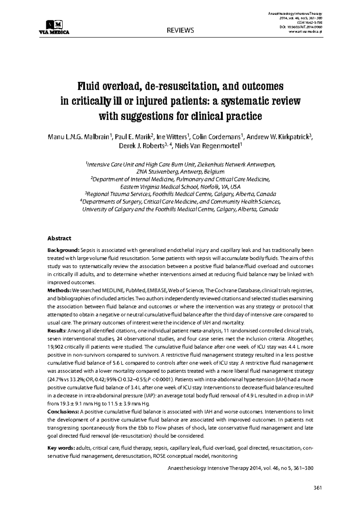 2014 overload malbrain - REVIEWS Anaesthesiology Intensive Therapy 2014 ...