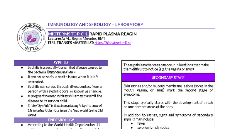 IMMUNOLOGY AND SEROLOGY LAB MIDTERMS: SYPHILIS, RA, TYPHOID FEVER - Studocu