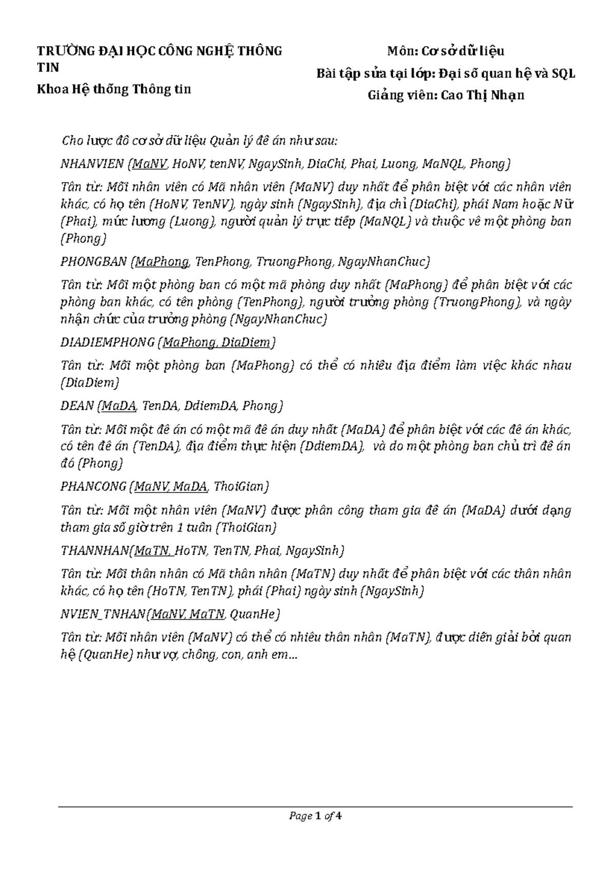 Bai Tap Sua Tai Lop uit - TR NG Đ I H C CÔNG NGH THÔNG ƯỜ Ạ Ọ Ệ TIN Khoa H thốống Thống tinệ Mốn ...